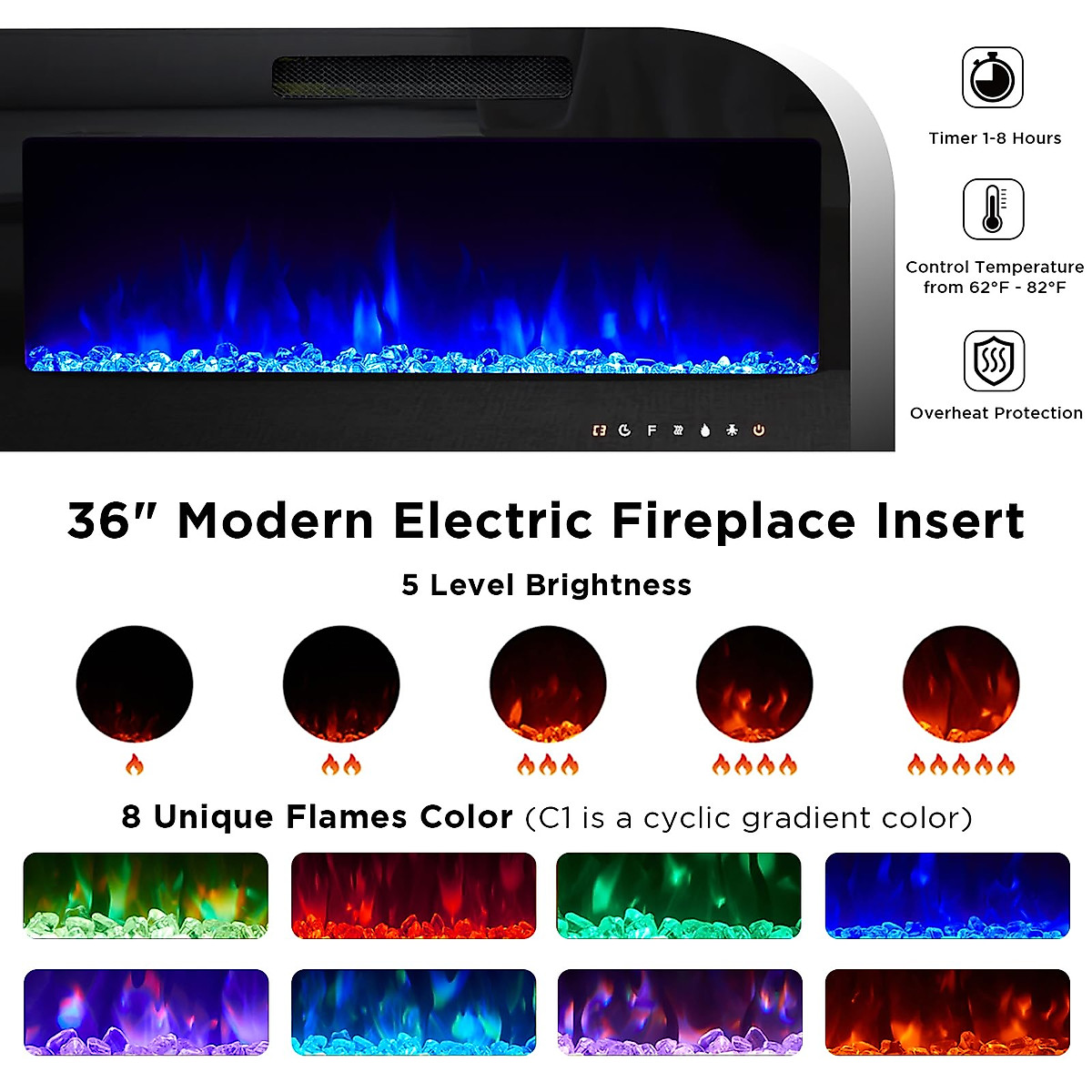 AMERLIFE Fireplace TV Stand with 36" Fireplace, 70" Modern High Gloss Entertainment Center LED Lights, U-Shaped Legs TV Console Cabinet for TVs Up to 80", White