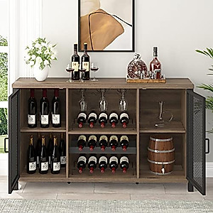 IBF Industrial Wine Bar Cabinet, Coffee Bar Cabinet for Liquor and Glasses, Farmhouse Liquor Cabinet with Storage Rack, Sidebaord Buffet Cabinet for Home Kitchen Dining Living Room, Rustic Oak, 55 in
