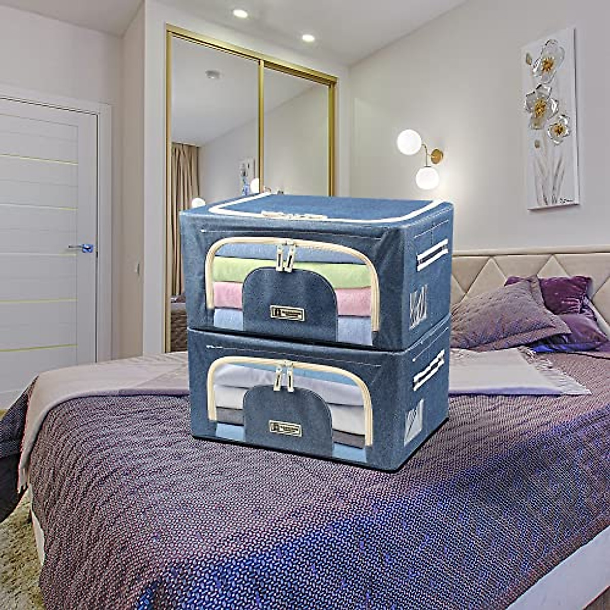 Storage Bins, Foldable,Stackable Clothes Storage Bags,clothes organizer,for Clothes With Large Clear Window Carry Handles, for Bedding, Linen, Clothes (24 L 2 Pack)