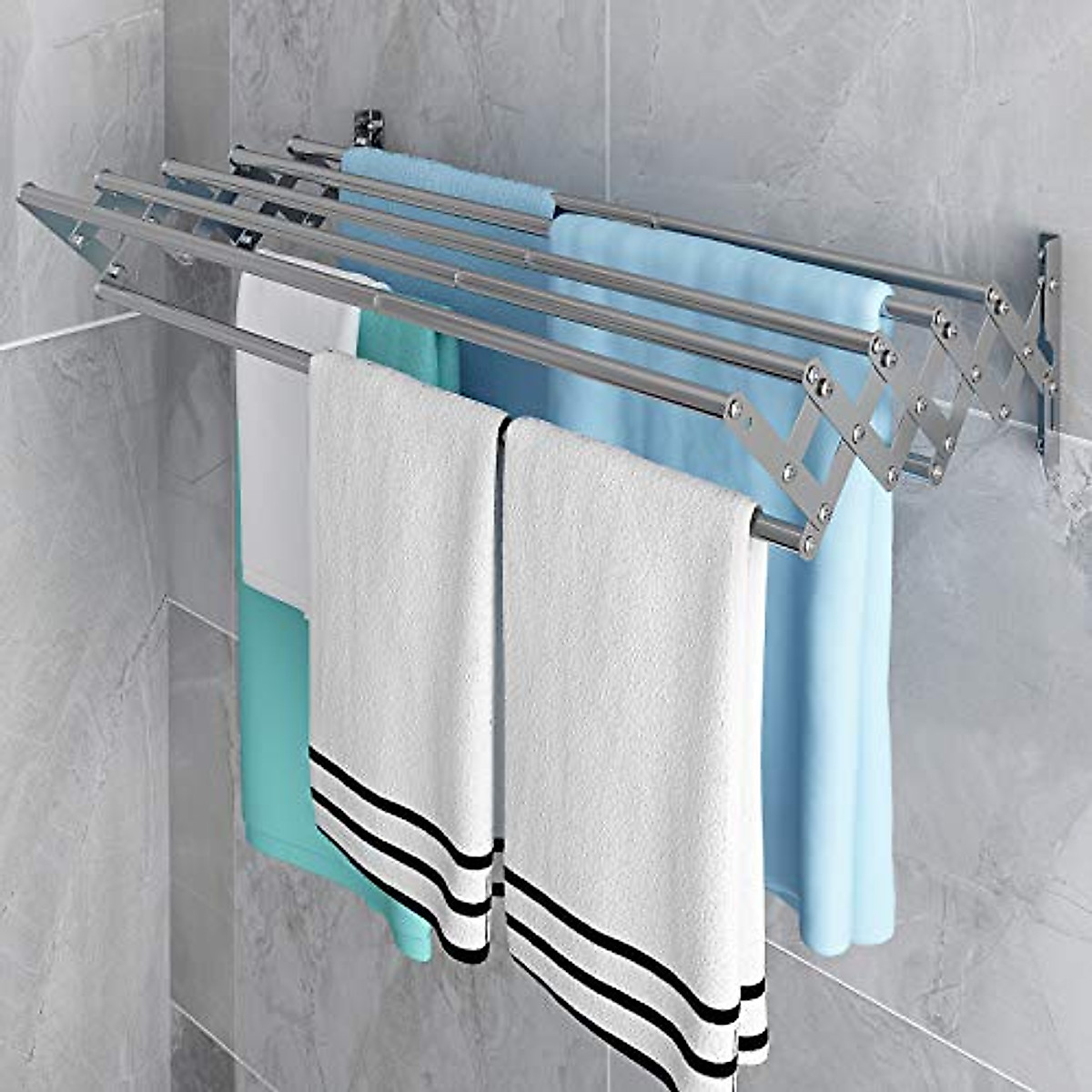qurutma Wall Mounted Clothes Drying Rack,Stainless Steel Accordion Retractable Drying Rack for Laundry Room/Bathroom Tower，Easy to Install 31-inch Rod, 60 lb Capacity- Indoor and Outdoor Use