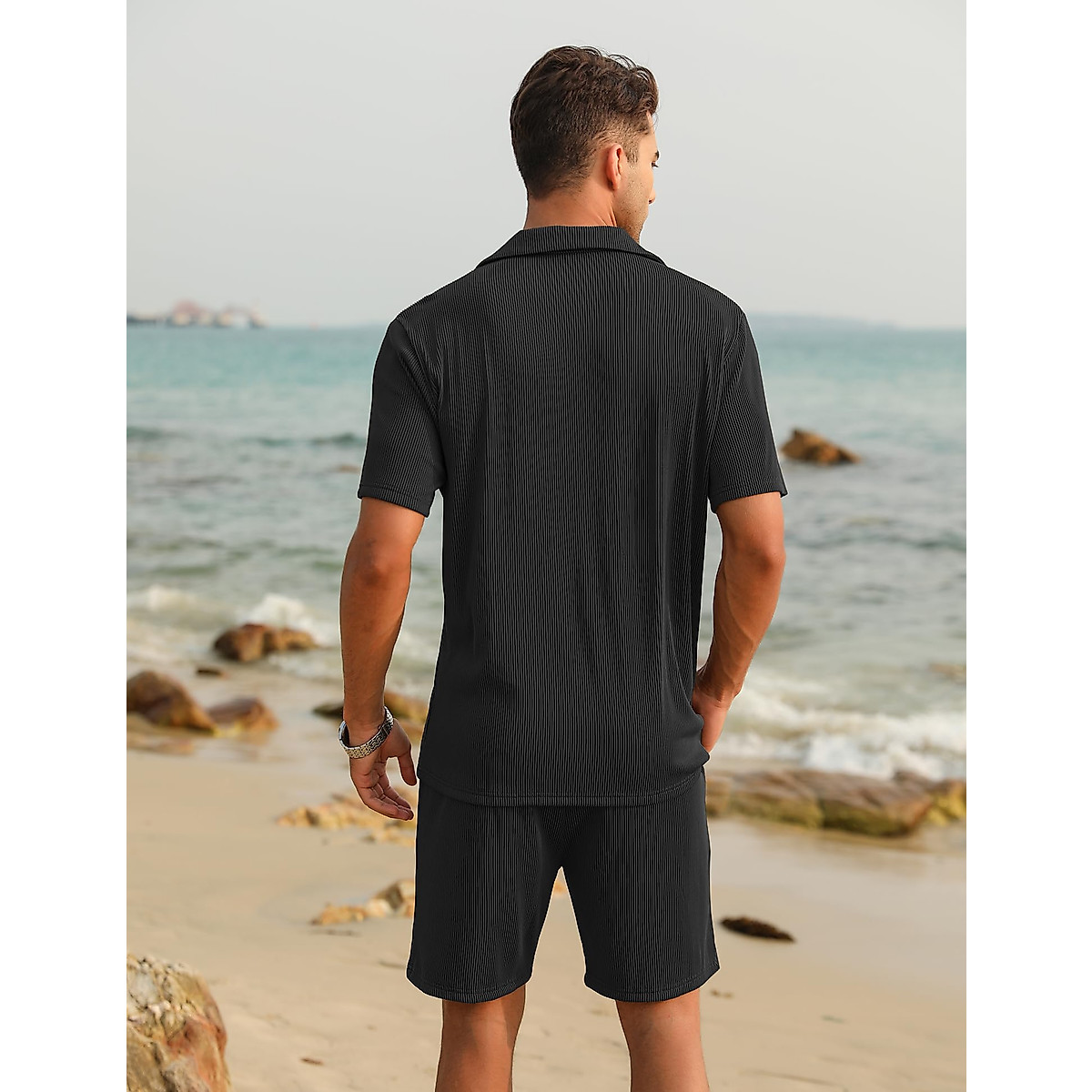LecGee Mens Vacation Outfits Black Beach Short Sets Oversized Shirts Hawaiian Tracksuits Two Piece Short Set