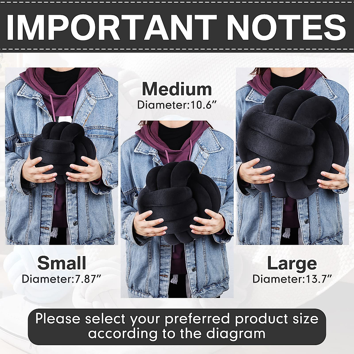 Namalu 2 Pieces Knot Ball Pillows Round Plush Aesthetic Cushion Pillows Soft Stress Relieving Cute Decorative Knotted Pillows for Kids Bed Sofa Bedroom Decor (Black, 7.87 Inches)