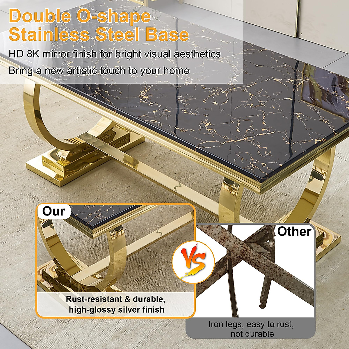 Maotifeys 70" Black Marble Dining Table, Rectangle Marble Top Dining Table for 6-8 Person, Gold U-Shape Stainless Steel Pedestal Dining Table, Mid Century Modern Dining Table for Dining Room Kitchen