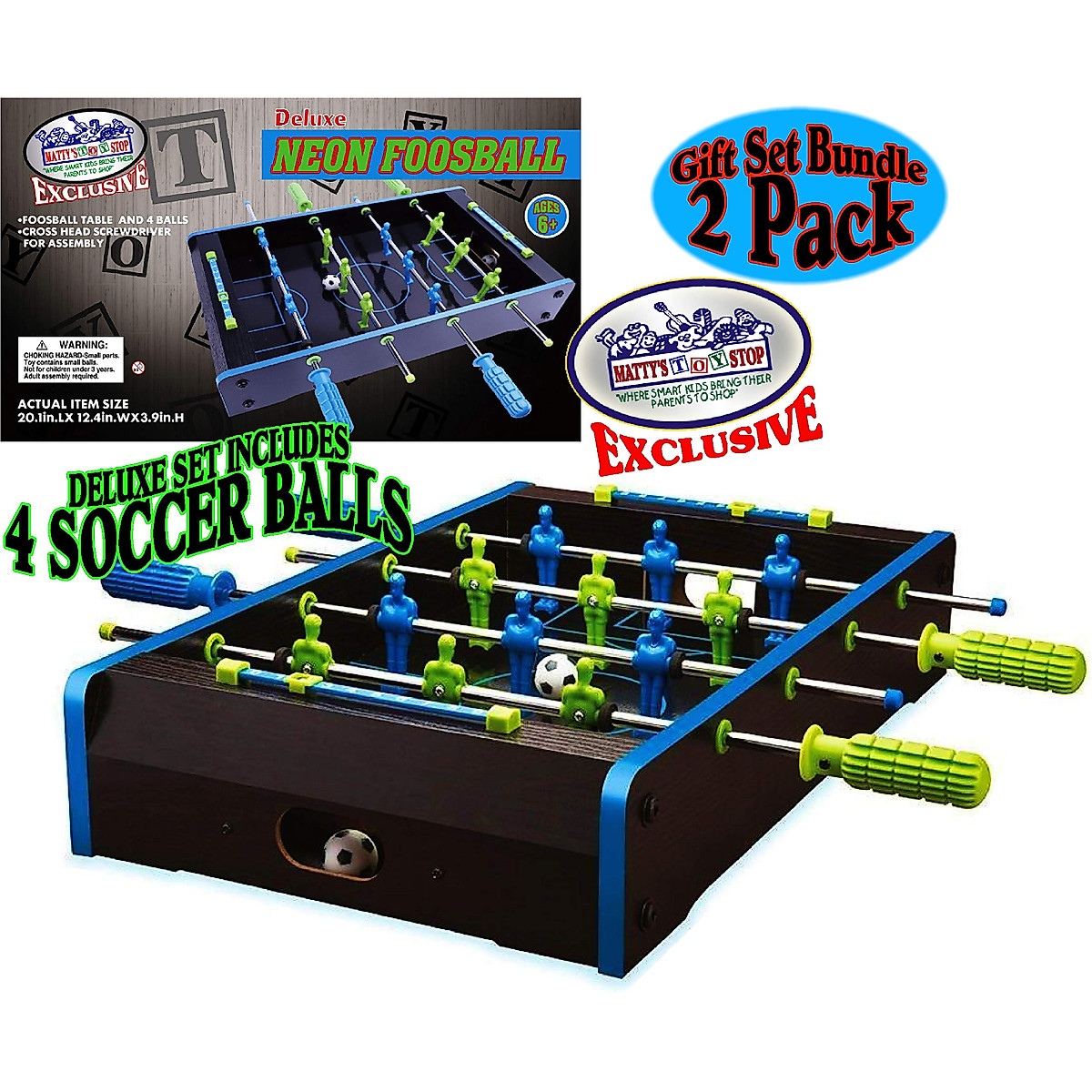 Matty's Toy Stop Deluxe 20" Wooden Tabletop NEON Air Hockey (Extra Pucks) & NEON Foosball (Soccer) (Extra Balls) Games Gift Set Bundle - 2 Pack