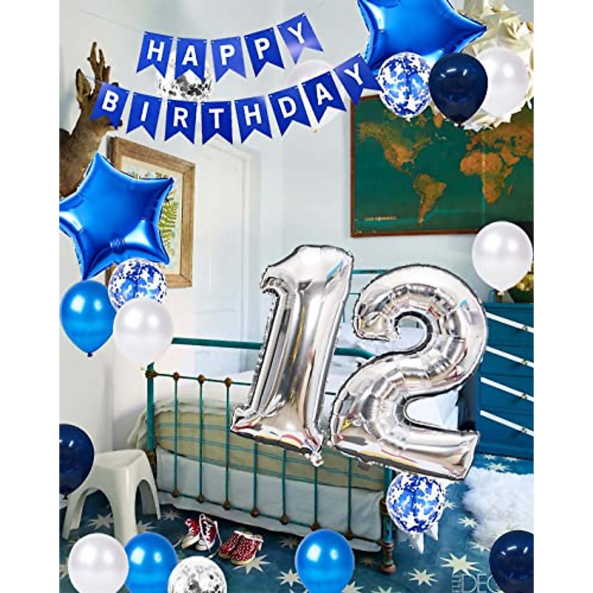 12th Birthday Party Decoration for Boys, Happy Birthday Banner Blue Number 12 Birthday Balloons 12th Birthday Latex Confetti Balloon for Boys Him Son 12 Years Old Birthday Decoration Supplies(12th)