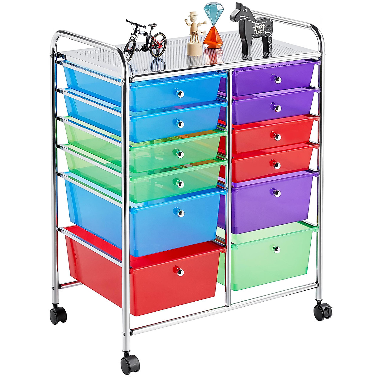 Topeakmart Utility Cart with 12 Drawers Rolling Cart Organizer Plastic Storage Drawers Craft Trolley 360 Degree Castor Wheels, Multicolor