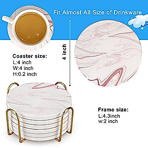6 Pcs Cute Pink Marble Coasters with Holder Absorbent Ceramic Cup Coasters Best Decorative Round Cool Coaster Set Bar Modern Coasters Table Drink Coasters