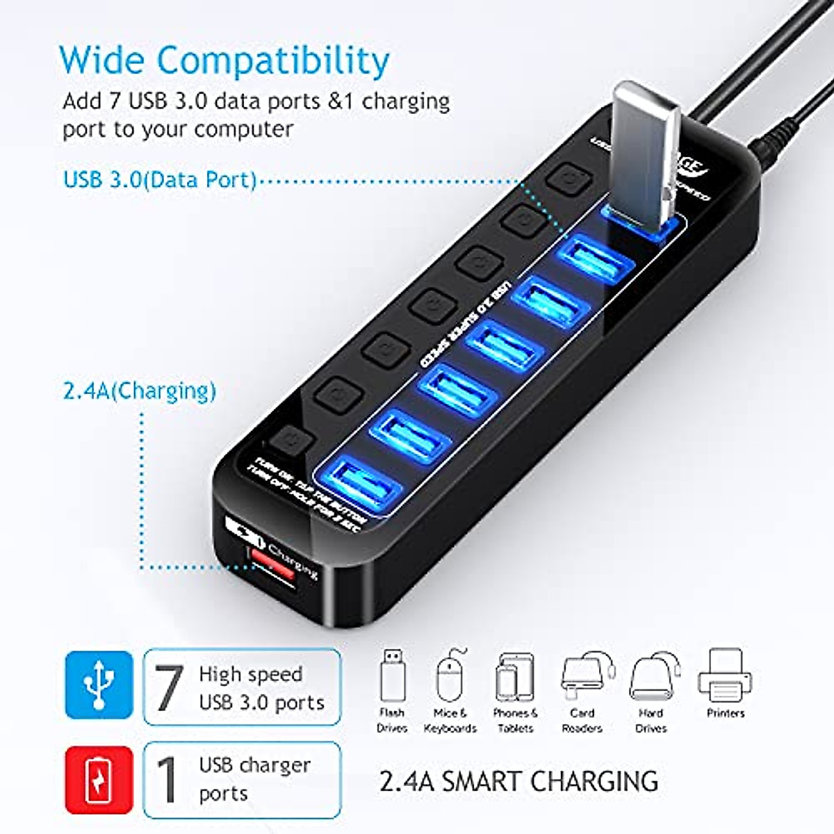 Apanage Powered USB 3.0 Hub, 8 Port USB 3.0 Hub Splitter with 7 Data Ports and 1 Smart Charging Port with Individual On/Off and 5V/4A Power Adapter USB Extension for MacBook, Mac Pro…