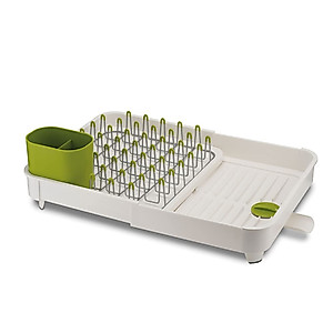 Joseph Joseph 85071 Extend Expandable Dish Drying Rack and Drainboard Set Foldaway Integrated Spout Drainer Removable Steel Rack and Cutlery Holder, White,White/Green - Plastic