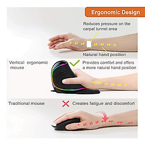 J-Tech Digital Ergonomic Mouse Wired - RGB Vertical Gaming Mouse with 5 Adjustable DPI Settings up to 4000 DPI, Computer Mouse for Carpal Tunnel, Removable Palm Rest and Thumb Buttons [V628R]