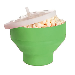 Microwave Popcorn Popper Reusable with Handle Lid BPA Free, Collapsible Silicone Popcorn Maker Bowl Safe Use in Microwave or Oven (Green)