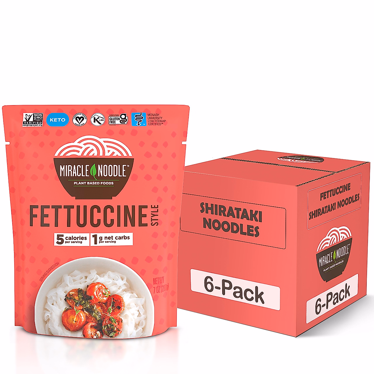 Miracle Noodle Fettuccine Shirataki Konjac Pasta Noodles - Ready-To-Eat, Plant Based, Keto, Vegan, Gluten-Free, Low in Carbs & Calories Pasta, Non-GMO, Soy Free, Paleo 7 Oz, 6 Pack