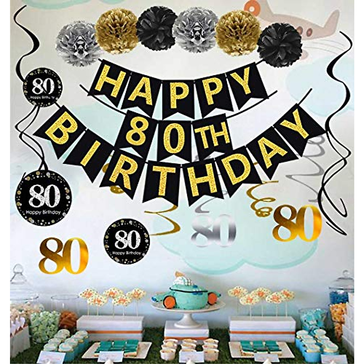 Famoby Black & Gold Glittery Happy 80th Birthday Banner,Poms,Sparkling 80 Hanging Swirls Kit for 80th Birthday Party 80th Anniversary Decorations Supplies