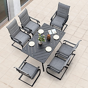 NUU GARDEN 7 Piece Outdoor Dining Set, 6 All Weather Padded Textilene Patio Chairs and 61" Rectangular Dining Table with 1.77" Umbrella Hole, for Garden, Patio, Light Grey and Black
