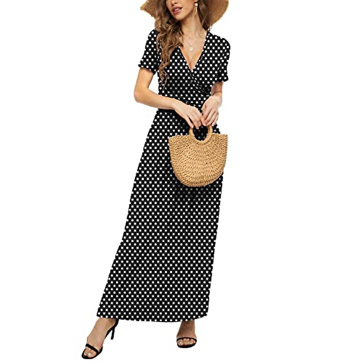 LILBETTER Women's Long Summer Dress Floral Maxi Short Sleeve Dresses with Pockets(F Black Polka Dot,X-Large)