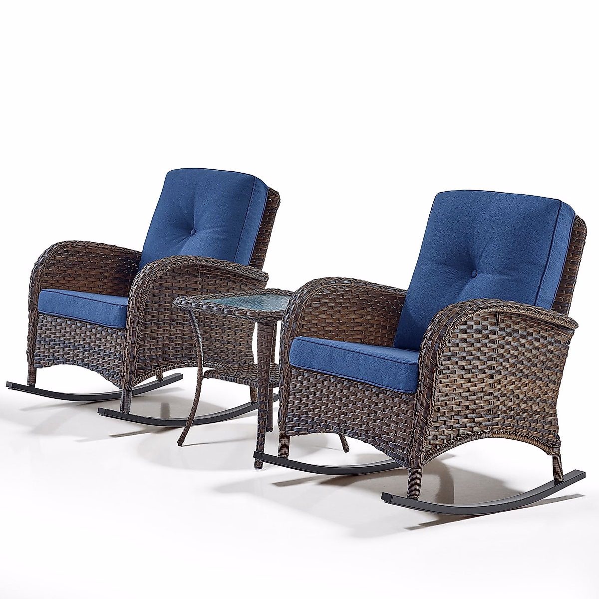 Belord Wicker Porch Rocking Chairs - 3 Pieces Patio Bistro Set High Back Outdoor Rocker Chairs Set with Side Table for Deck Balcony Brown