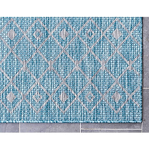 Unique Loom Outdoor Trellis Collection Area Rug - Tribal Trellis (2' x 6' 1" Runner, Aqua/ Ivory)