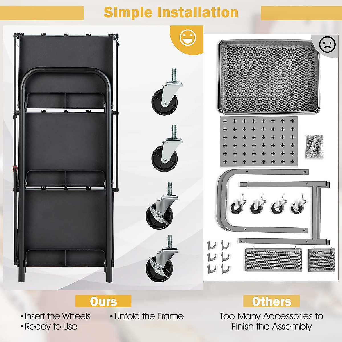 Goplus Folding Utility Cart, 3-Tier Rolling Tool Cart w/Lockable Wheels, Divided Storage Compartments, Collapsible Metal Service Cart Work Cart for Office Home, Garage, Kitchen, Black