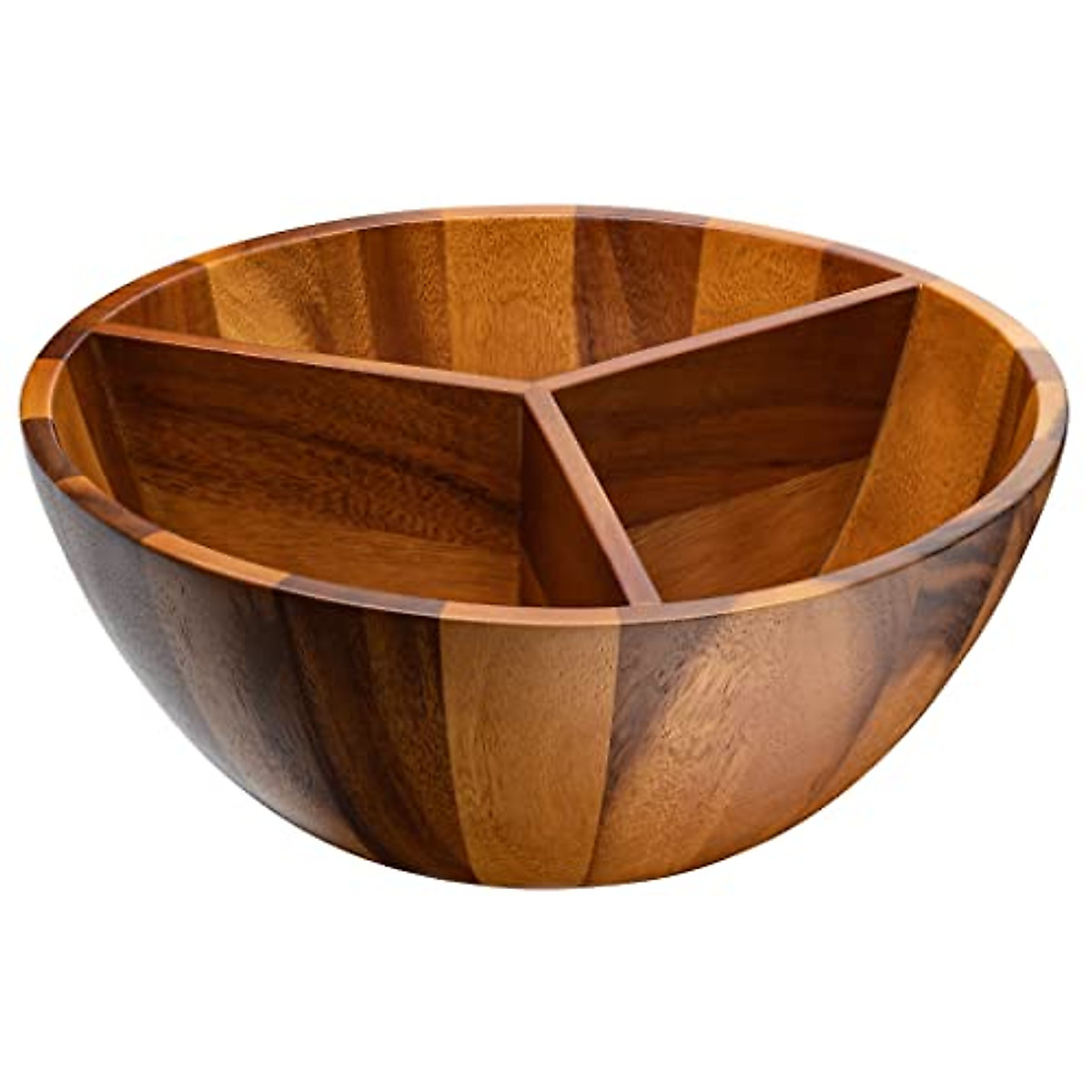 EVERGRO SEQUOIA & CO Wooden Bowl Triple Divided Salad Bowl - 14" Large Acacia Wood Serving Bowl for Food, Fruit, Popcorn - Round Hardwood Divided Bowls for Rustic, Modern Home & Kitchen Counter Décor