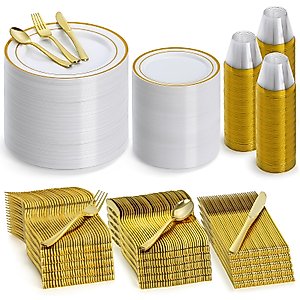 600 Pieces Gold Plastic Dinnerware for 100 Guests, Disposable Plastic Plates for Party Wedding Birthday, Includes 100 Dinner Plates, 100 Salad Plates, 100 Spoons, 100 Forks, 100 Knives, 100 Cups