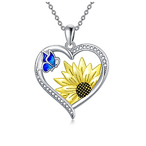 MBSUUH Sunflower Heart Necklace with Blue Butterfly Sterling Silver Sunflower Necklace for Women Teen Girls Mother's Day Jewelry Gifts