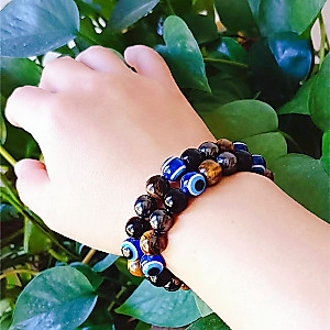 WEFRIN Evil Eye with Hematite Black Obsidian Tiger Eye Stone Triple Protection Bracelets for Men Women, Crystal Jewelry Stone Bracelets Bring Luck and Prosperity and Happiness 10mm Beads