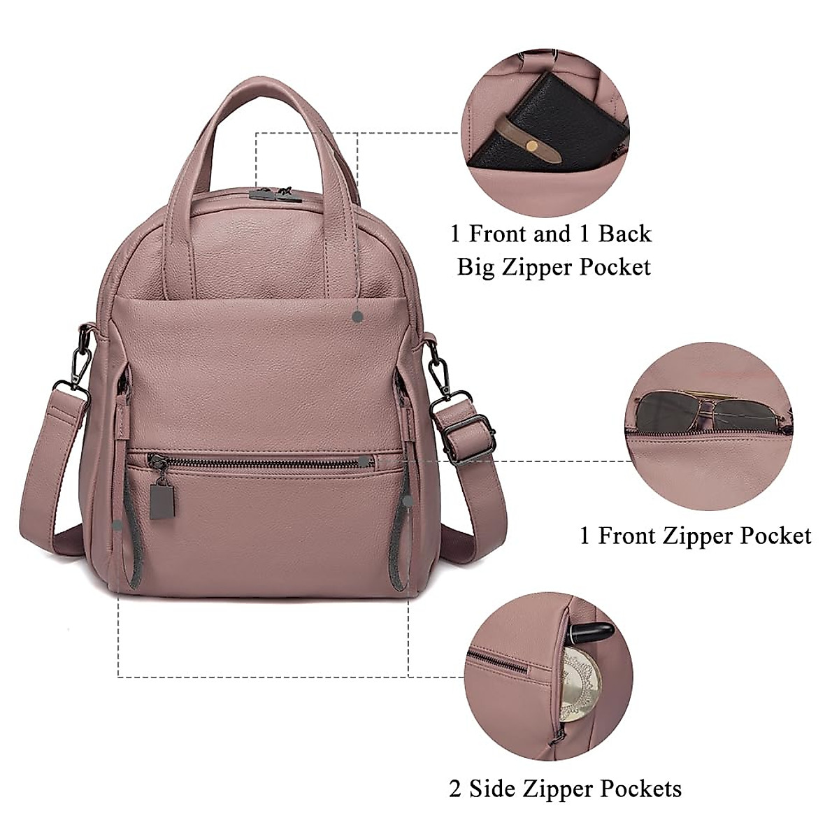 Kasqo Small Backpack Purse for Women, Convertible Faux Leather Bag for Ladies Travel Casual Daypack Fashion Shoulder Bag, Pink