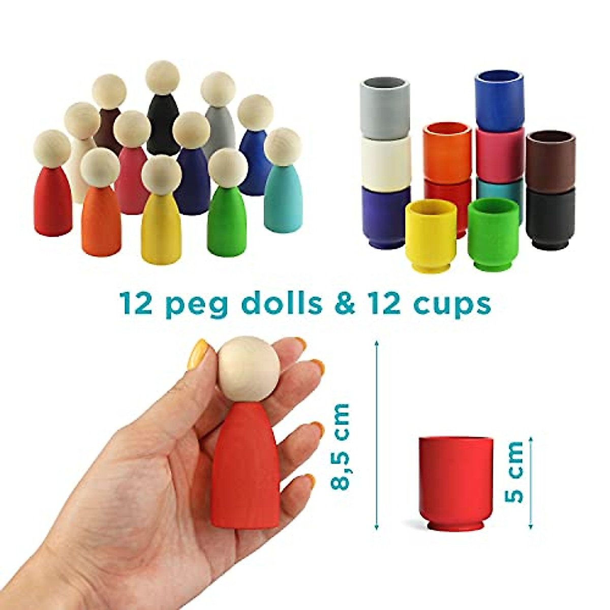 Ulanik Large Peg Dolls in Cups Toddler Montessori Toys for 3 Year Old + Kids Wooden Waldorf Dolls for Learning Color Sorting and Counting — 12 Gnomes, 3.35 in