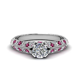 CustomizedGifts 2 Row Milgrain Diamond Ring sterling silver Created Pink Sapphire Round shape Pink color Vintage Engagement Rings bezel Setting in Size 6 Party Wear Daily Wear Ornament