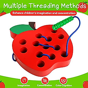 Lacing Toys for Toddlers - Wooden Lacing Apple Threading Toy, Shape Puzzle Fun Travel Game for Montessori Early Learning of Fine Motor Skills Lacing Toy, Educational Gift for Boys and Girls Ages 3-5