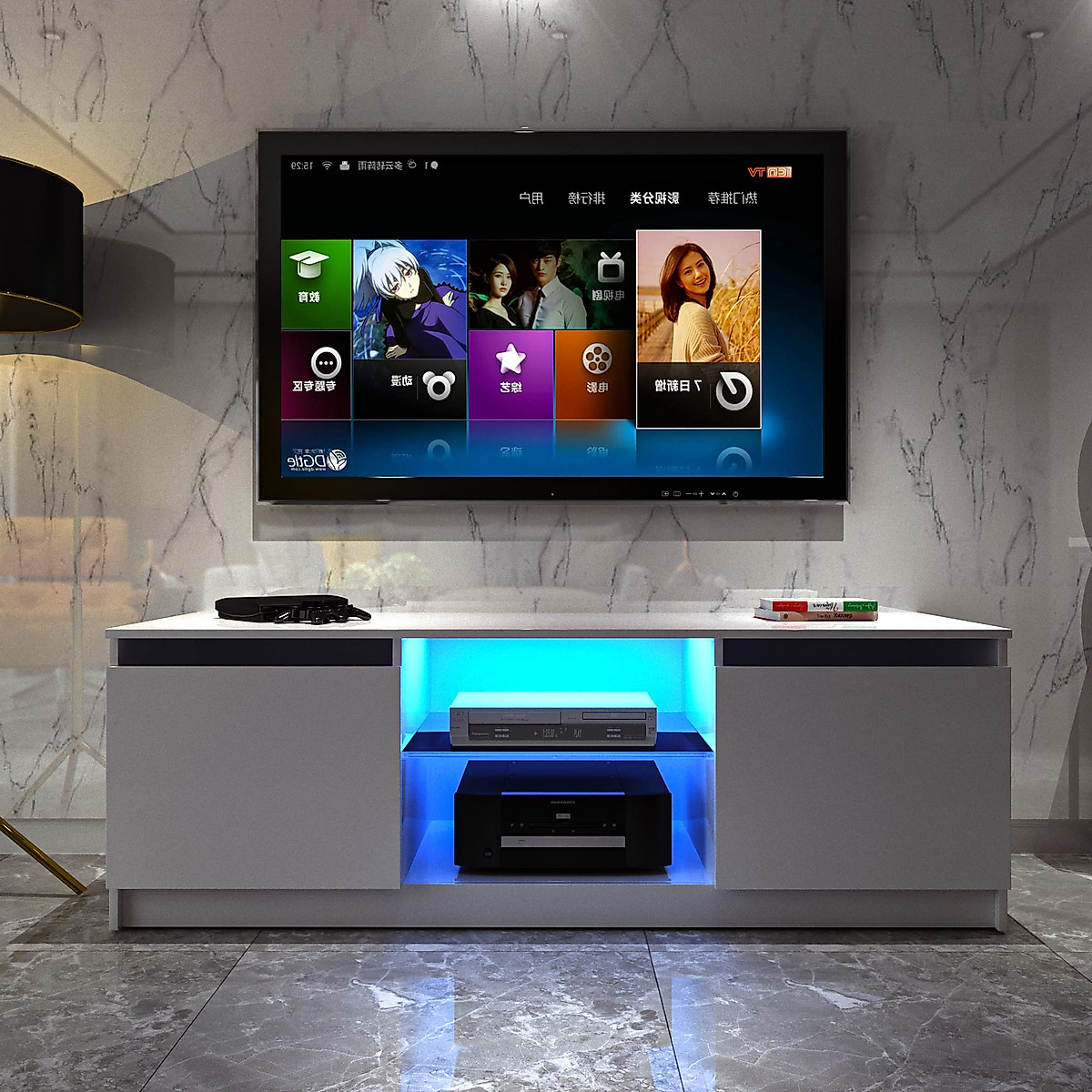 Boloni White TV Stand with LED Light for 55 Inch TV, Modern Entertainment Center Stand with 2 Drawer Storage, Media Console Cabinet with Color-Changing Lighting for Living Room