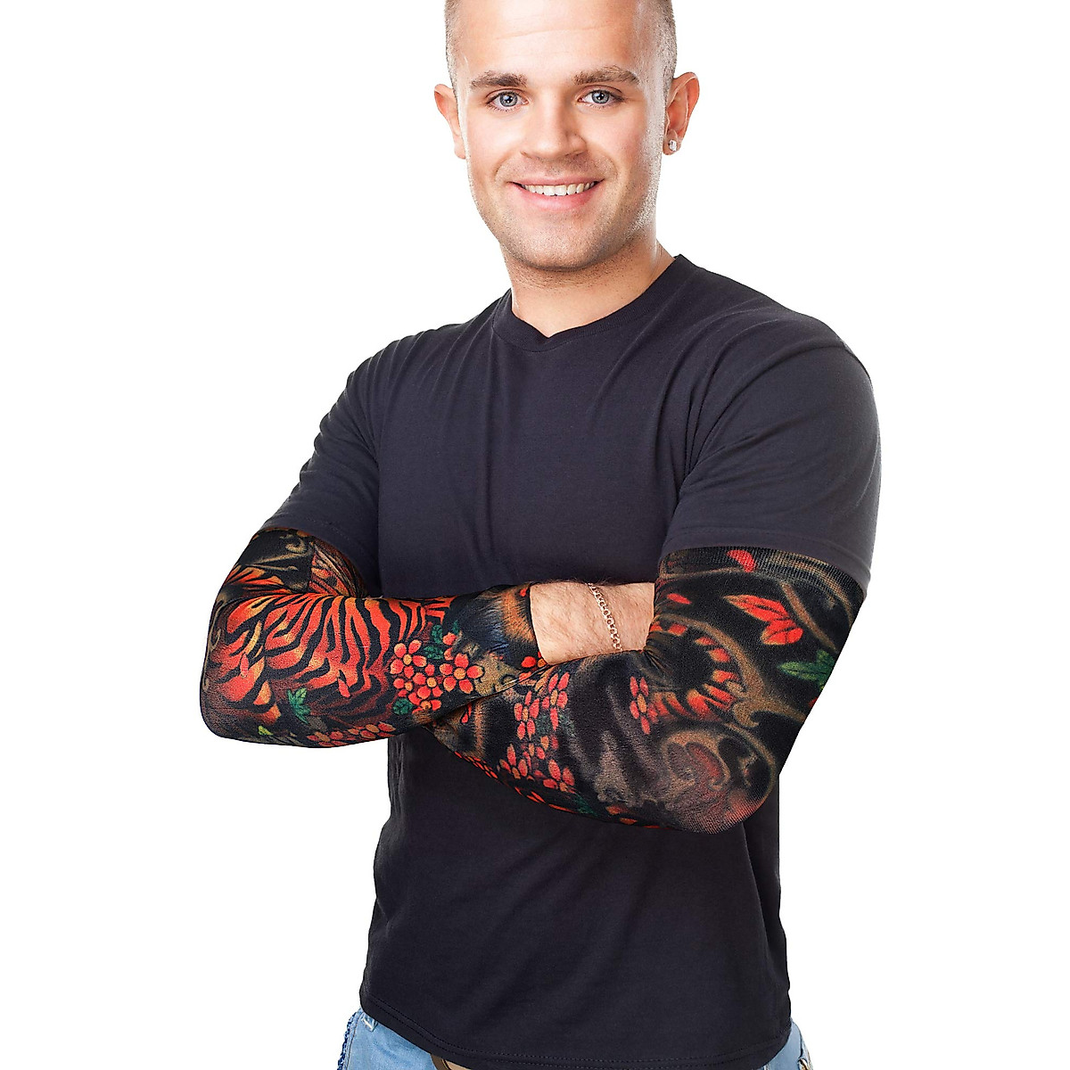 Boao 20 Pcs Men's Cooling Arm Sleeves Long Fingerless Arm Cover Anti Slip UV Protection Sun Temporary Tattoo Arm Sleeves (Novelty Style,Medium)