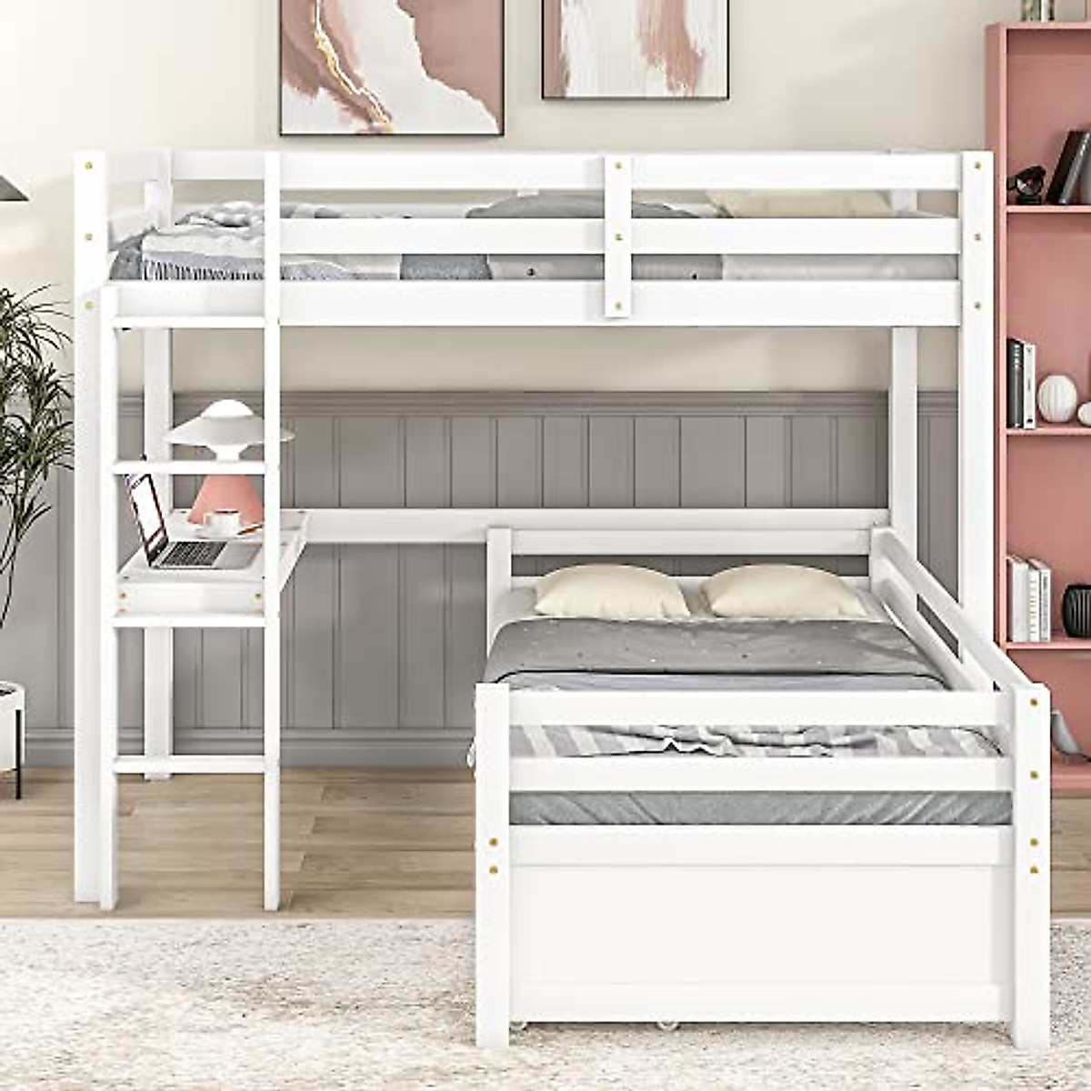 HomSof Twin Loft Bed with Built-in Desk,White
