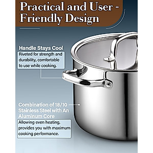 Cook N Home Stainless Steel Stockpot 8 Quart, Tri-Ply Clad Stock Pot with Glass Lid, Silver