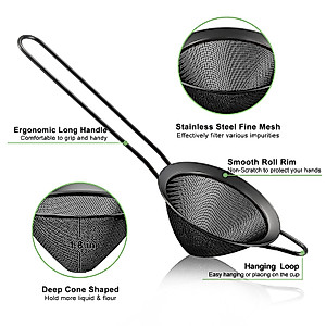 TeamFar Fine Mesh Strainer, 3.3 Inch Stainless Steel Tea Cocktail Coffee Flour Strainer with Long Handle for Kitchen Bar, Small Conical Cone Mesh Strainer, Non-Toxic & Easy Clean, (Set of 2, Black)