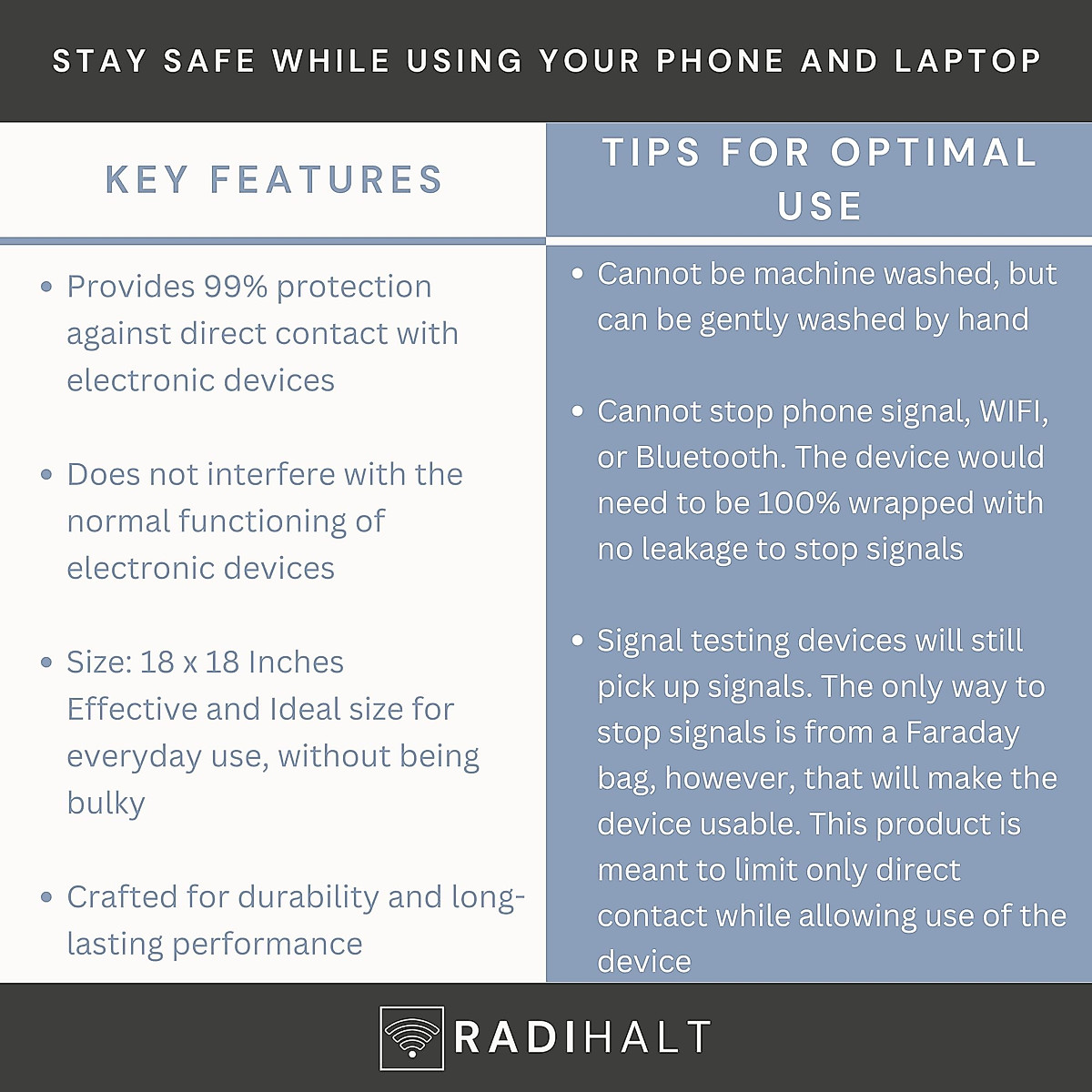 RadiHalt Faraday Blanket For Cell Phone and Laptop - Protection Against Direct Contact From Cell Signal, WIFI, Bluetooth, RF and Unwanted Signals