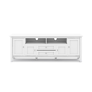 SIMPLIHOME Warm Shaker SOLID WOOD Universal TV Media Stand, 72 inch Wide, Farmhouse Rustic, Living Room Entertainment Center, Storage Shelves and Cabinets, for Flat Screen TVs up to 80 inches in White