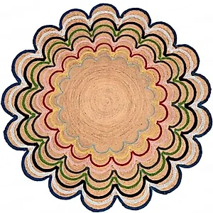 BUNDELA EXPORTS 4x4, 5x5, 6x6,feet Natural Jute Scallop Round Rug, Floor Scalloped Edge Rug Braided Boho Eco Large Circular Handmade Area Rugs (WHT_3x3)