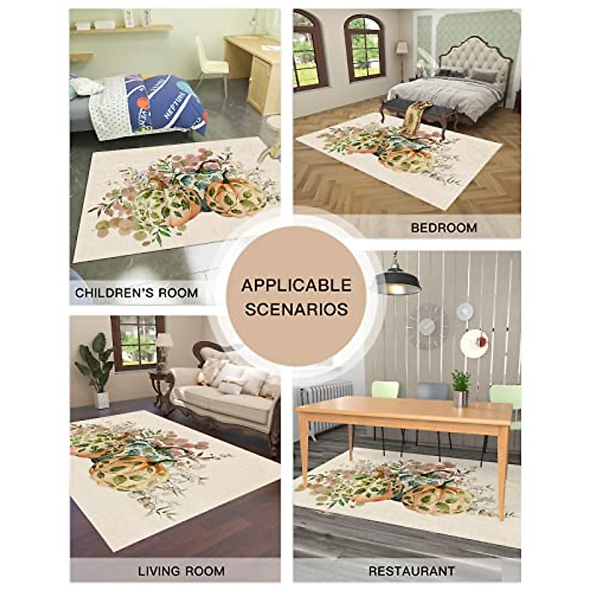 Leaves Pumpkins Large Rectangular Area Rugs 5' x 7' Living Room, Durable Non Slip Rug Carpet Floor Mat for Bedroom Bedside Outdoor Fall Thanksgiving Green Eucalyptus Burlap