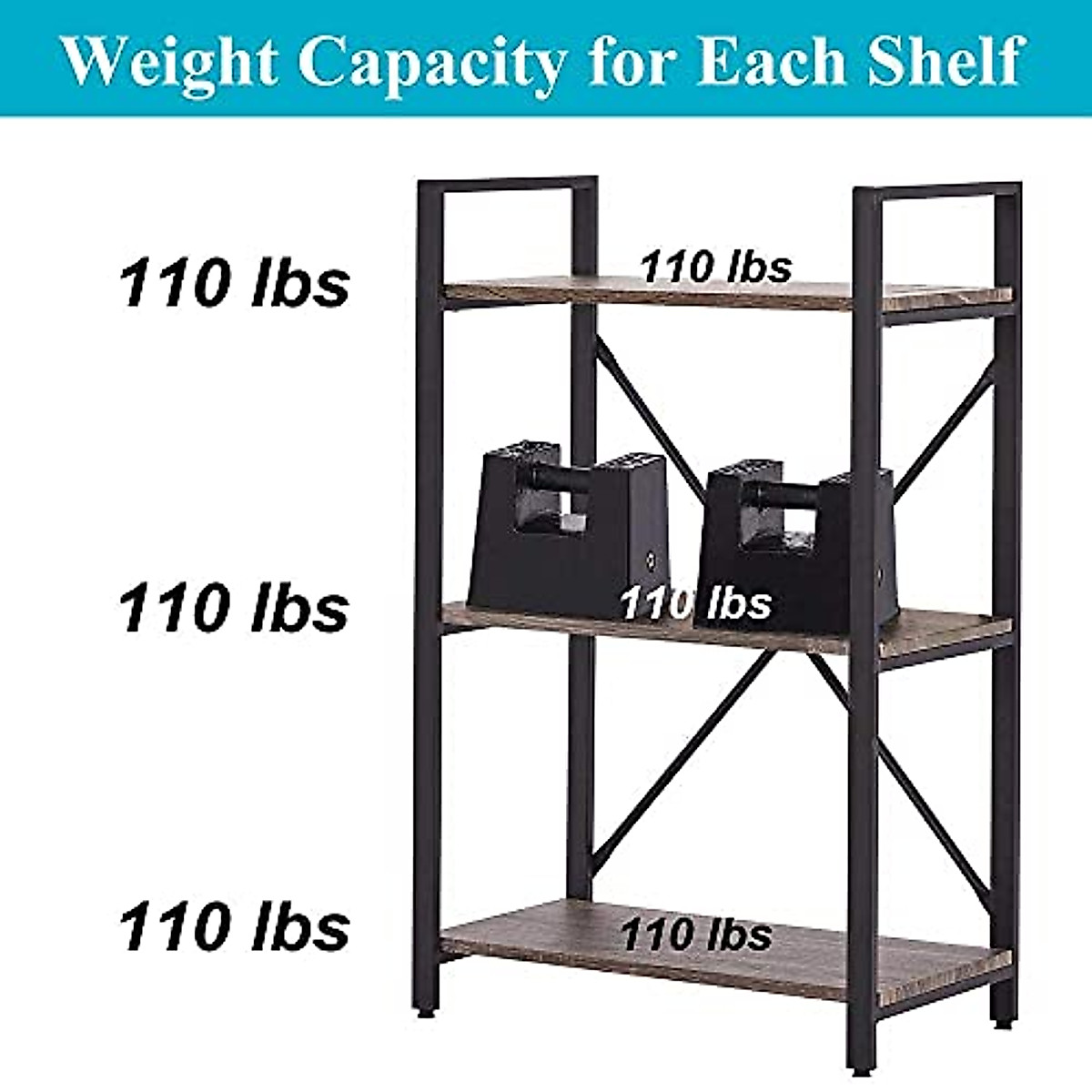 BON AUGURE Small 3 Tier Bookshelf, Rustic Industrial Book Shelf, Short Wood Metal Standing Etagere Bookcase for Living Room, Bedroom and Office (Dark Gray Oak)