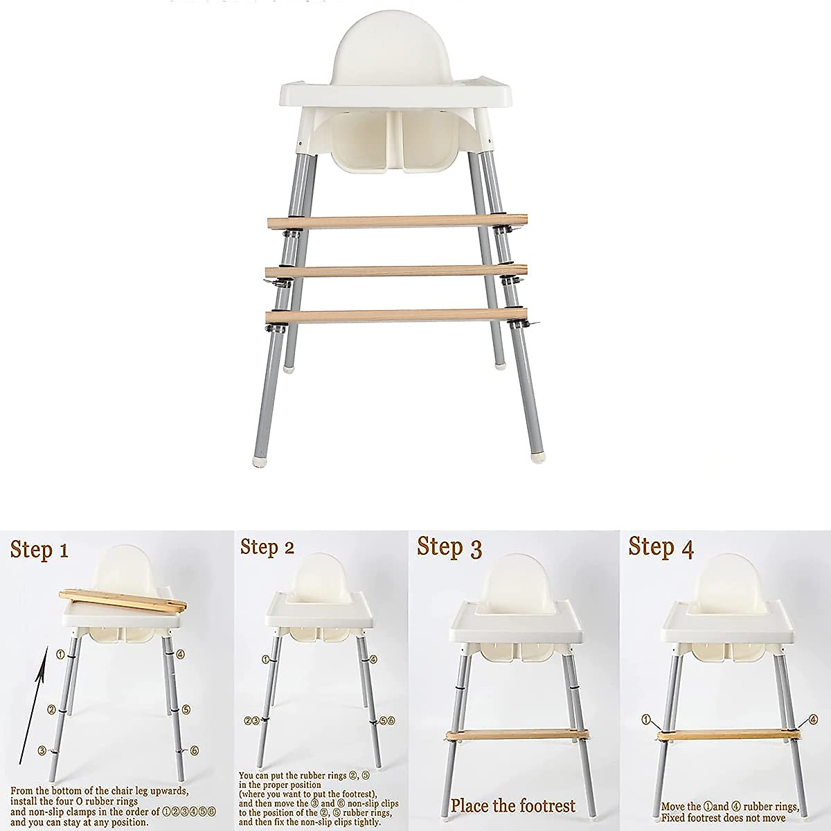 HANH High Chair Footrest, Non-Slip Natural Bamboo Wooden Footrest Compatible with IKEA Antilop High Chairs, Adjustable HighChair Foot Rest for Baby HighChair Accessories (Right Angle), 1.0 Count