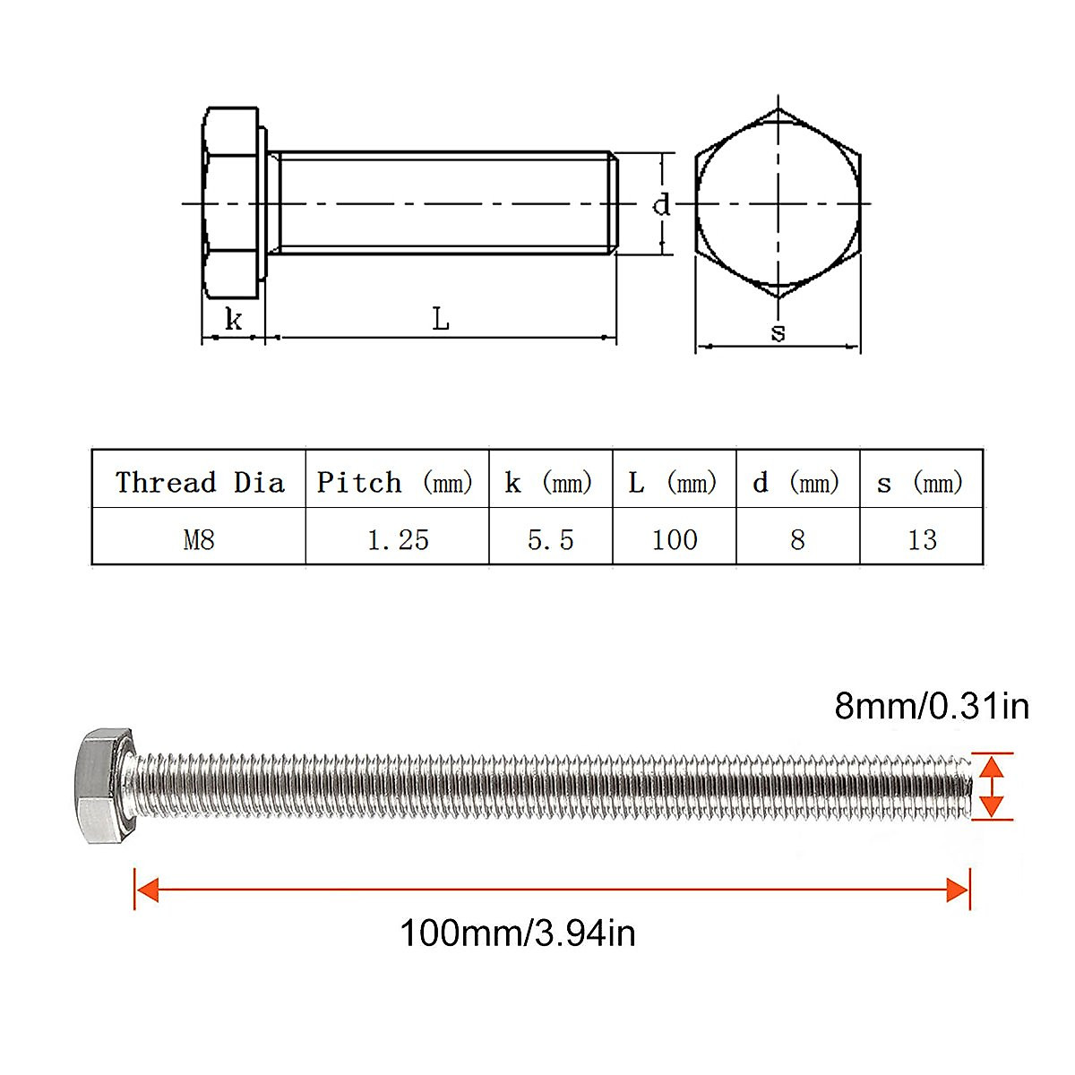 10PCS M8 Hex Bolt, Stainless Steel M8-1.25 x 100mm Hex Head Screw Bolts, A2-70(304) Fully Threaded Hex Tap Bolts