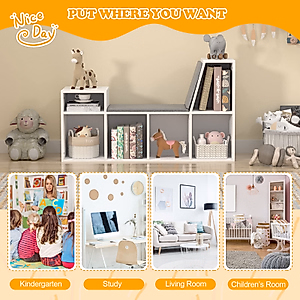 NACHES Kids Bookshelf with Reading Nook for Kids Room, 6-Cubby Bookcases with Bench Seat Cushion Thick Wood Board, Multi-Purpose Toys Storage Organizer for Toddler Nursery, Bedroom, Play Room (White)
