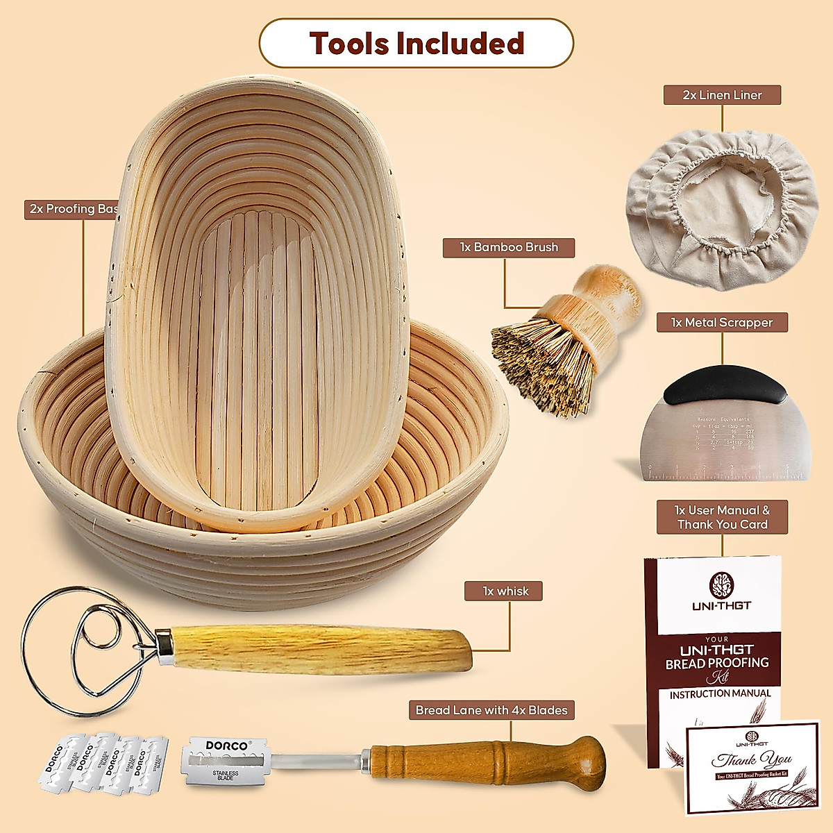 UNI-THGT Banneton Bread Proofing Basket Set - 9 & 10 Inch Sourdough Proofing Basket - Round And Oval Bread Bowls For Rising And Baking - Rattan Bread Banneton With Baking Accessories