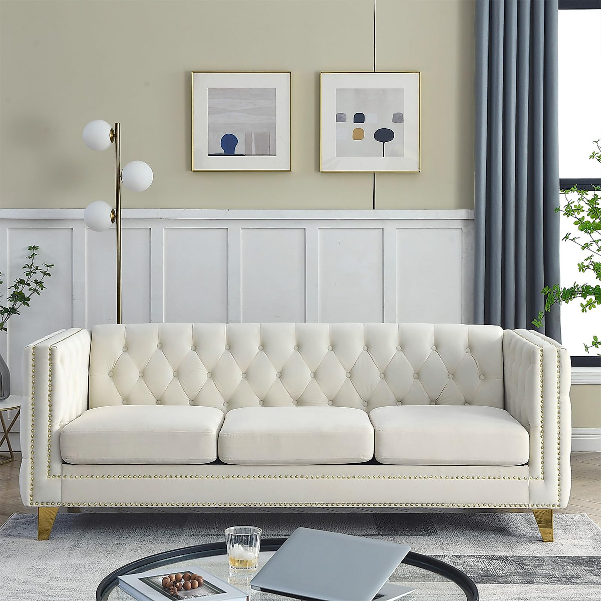 JEEOHEY Chesterfield Sofa,Oversized Velvet Sofa Couch,Deep Seat 3 Seater Sofa,Modern Sofa Chair with Button Nailhead,Upholstered Futon Couches,Furniture for Living Room,Bedroom,Office(Beige)