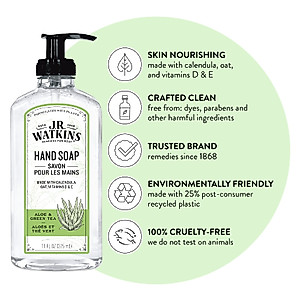 J.R. Watkins Liquid Hand Soap With Dispenser, Moisturizing Hand Soap, Alcohol-Free Hand Wash, Cruelty-Free, Liquid Soap For Bathroom or Kitchen, Aloe & Green Tea, 11 Fl Oz, 3 Pack