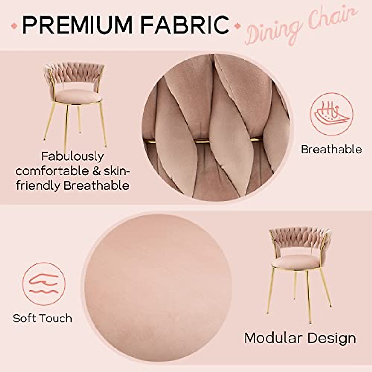 LETESA Velvet Dining Chairs Set of 2 with Hand Woven Hollow Backrest Design, Modern Upholstered Accent Chairs with Gold Metal Legs, Vanity Chairs for Dining Room, Living Room (Pink)