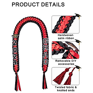 ALKB 11 Pcs Graduation Ribbon Leis, Black Red Graduation Braided Necklace with Honor Cord Class of 2024 Graduation Gift for High School College Graduation Party Supplies
