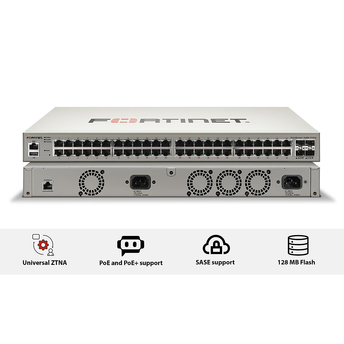 FORTINET INC. Fortinet FS 448E FPOE Ethernet Switch 48 Ports 3 Layer Supported Modular Twisted Pair, Optical Fiber Rack mountable