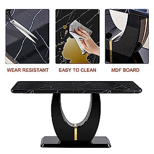 JUFU Modern Dining Table Set for 6,Rectangula Kitchen Table Set with Faux Marble Tabletop＆6 Pu Leather Upholstered Chairs Ideal for Dining Room, Kitchen, Grey-golden Legs